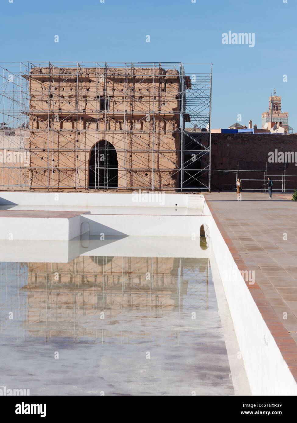 Large courtyard and with pond in Badi Palace with a structure covered ...