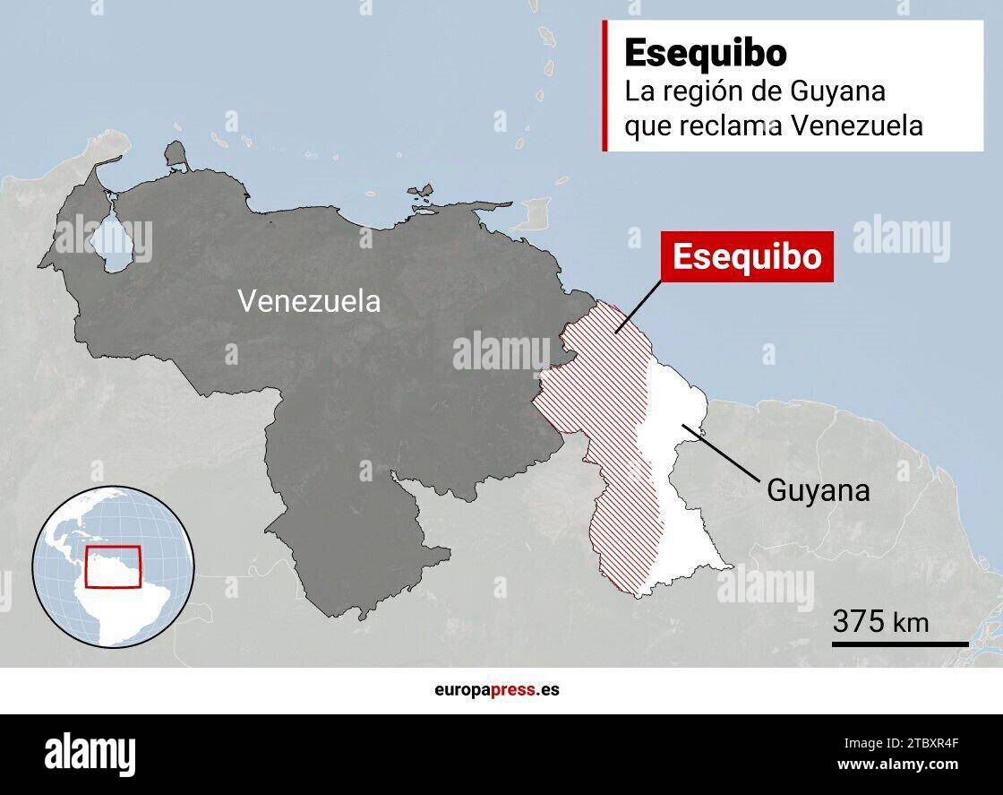 Map representing the Esquibo, the region of Guyana claimed by Venezuela ...