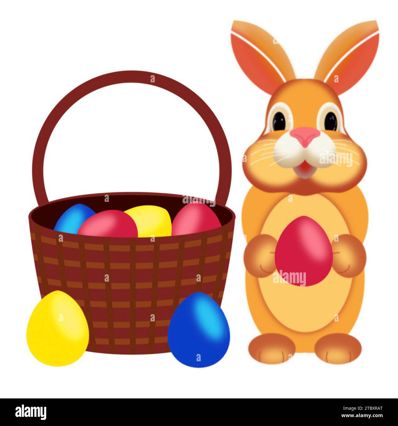 illustration of a rabbit and a wicker brown basket with Easter eggs ...
