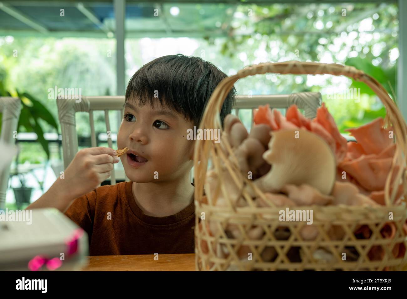 Asian boy eating processed food made from mushrooms Stock Photo - Alamy