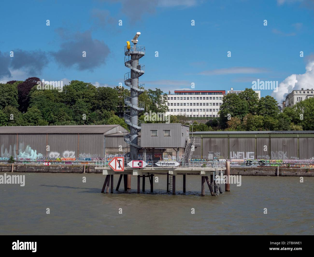 A harbour naviagation dam in the River Elbe viewed from the 62 HADAG ...
