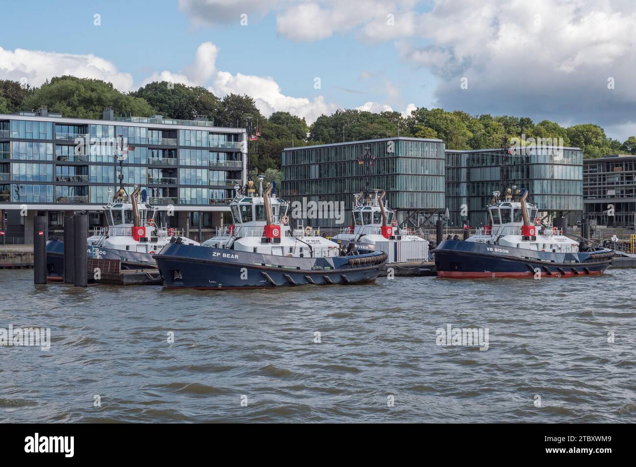 Port of Hamburg inland tug boats on the River Elbe viewed from the 62 ...