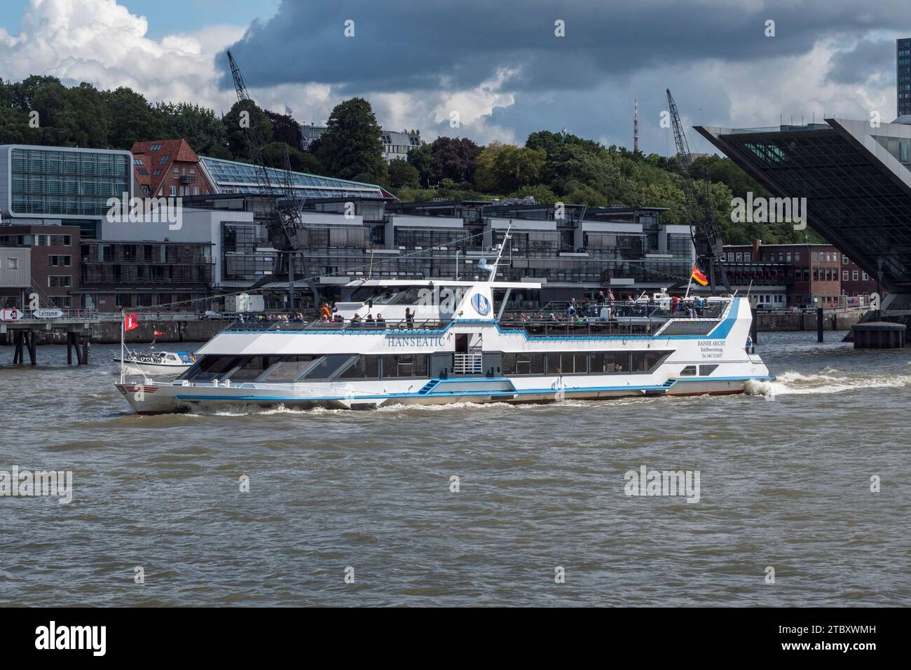 The MS Hanseatic guided tour boat on the River Elbe viewed from the 62 ...