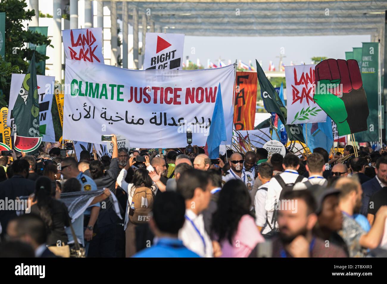 Dubai, United Arab Emirates. 09th Dec, 2023. "Climate justice now" is ...