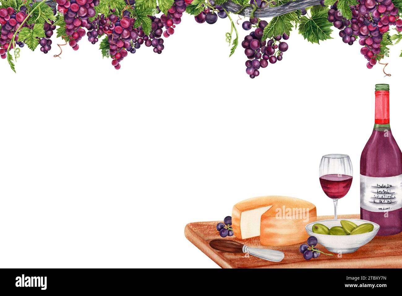 Postcard design with cheese, wine, plate with green olives, knife on ...