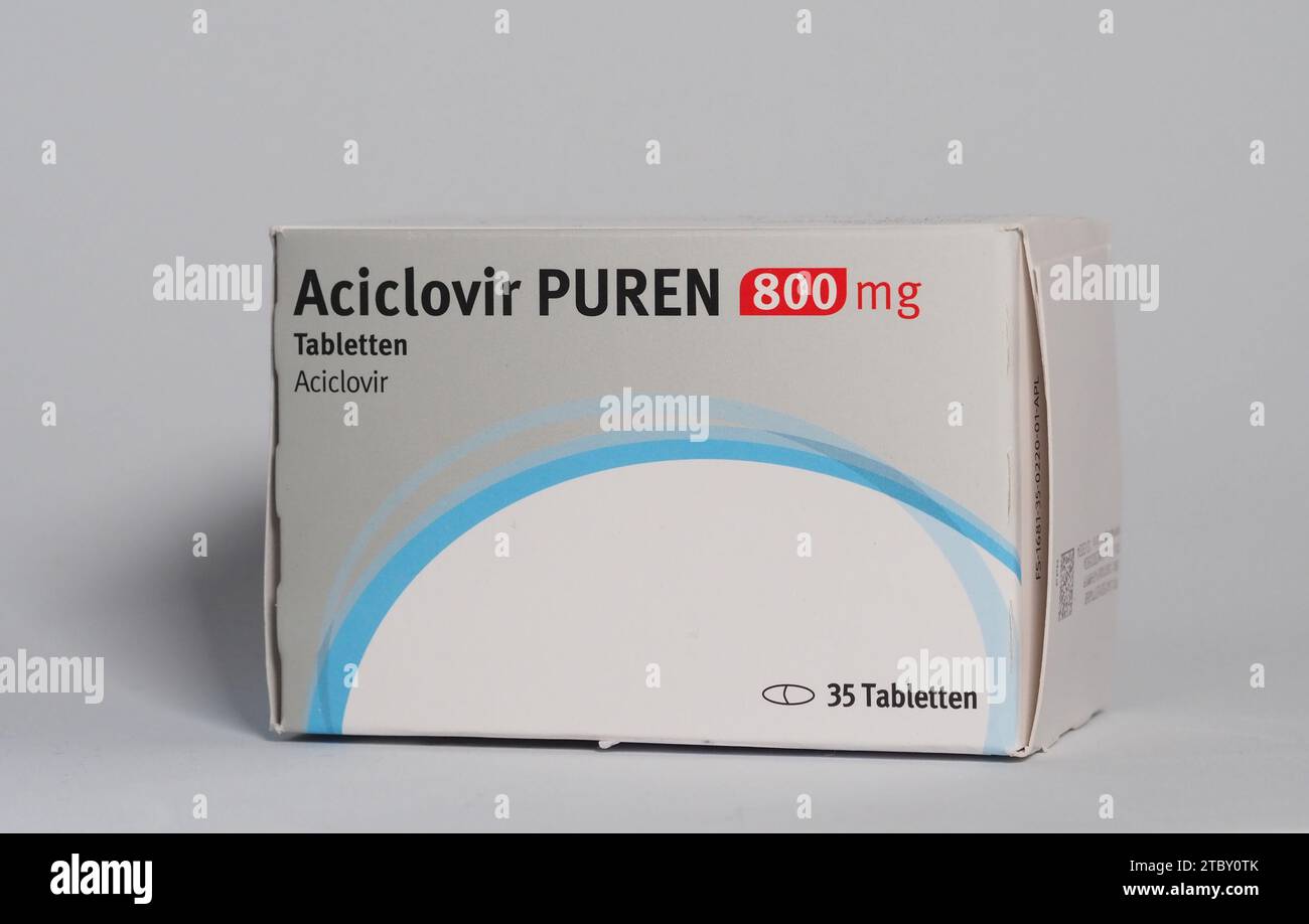 Bavaria, Germany - December 9, 2023: Box of tablets Acviclovir Puren ...