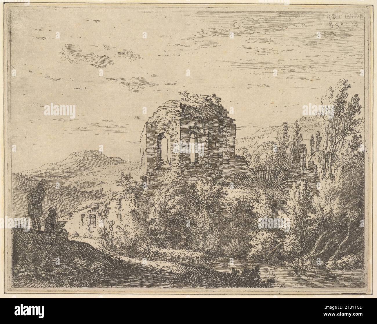 View of ruins showing the corner of a building with two arched windows ...