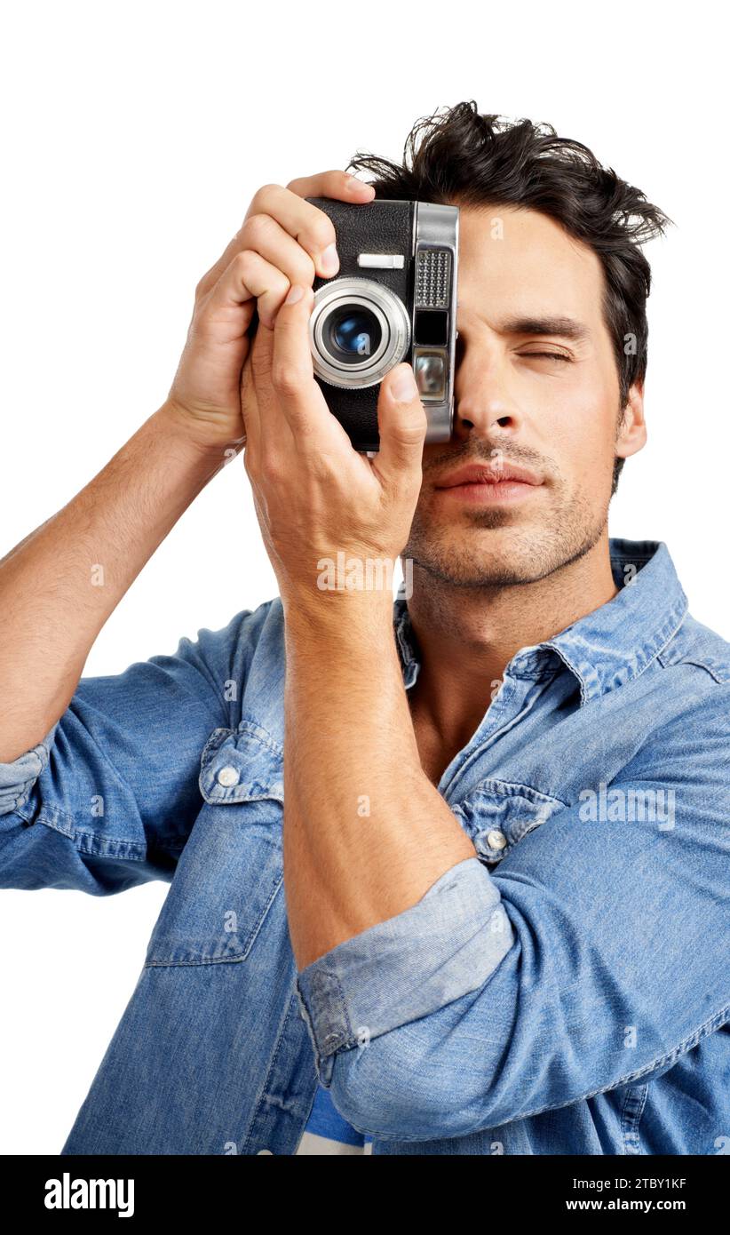 Portrait, camera and man with photography, creativity and paparazzi ...