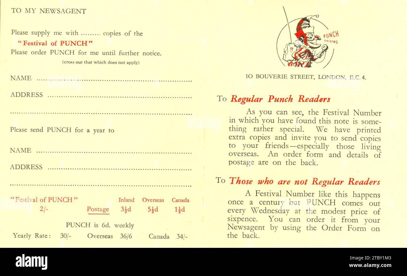 Order form for centenary Festival Number of Punch Magazine 1951 Stock ...