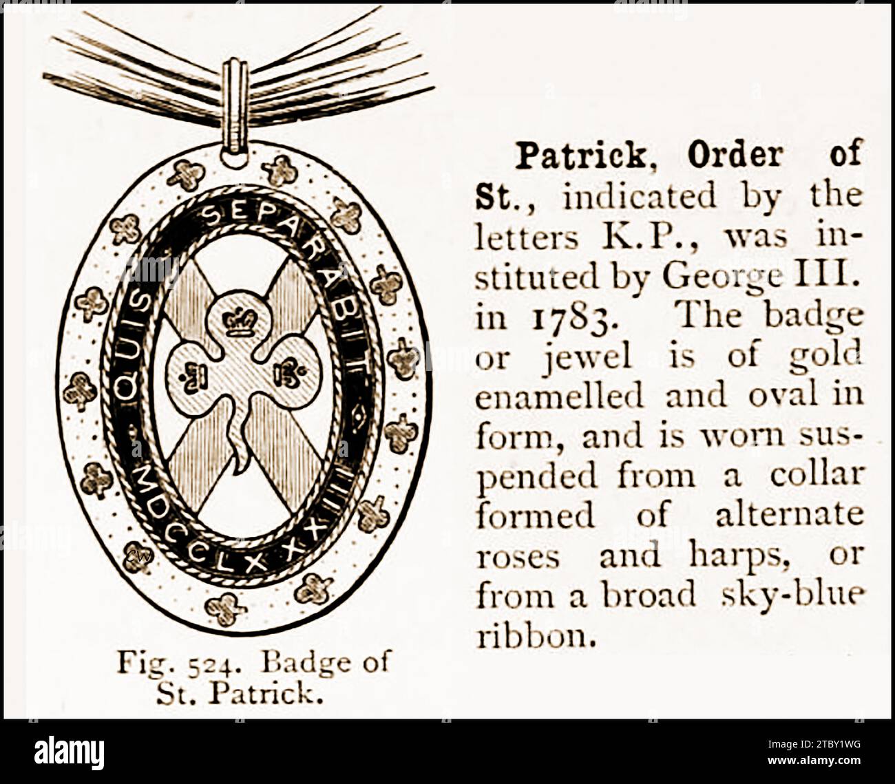 A 19th century engraving of the badge of the Order of St Patrick ...