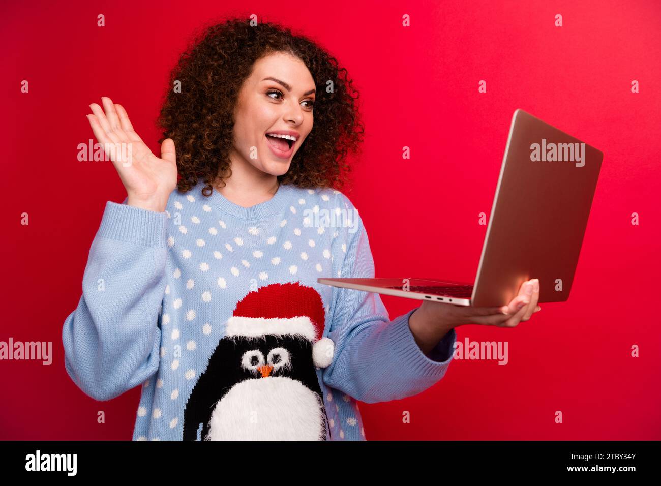 Photo of excited friendly lady wear ugly new year pullover waving hand ...