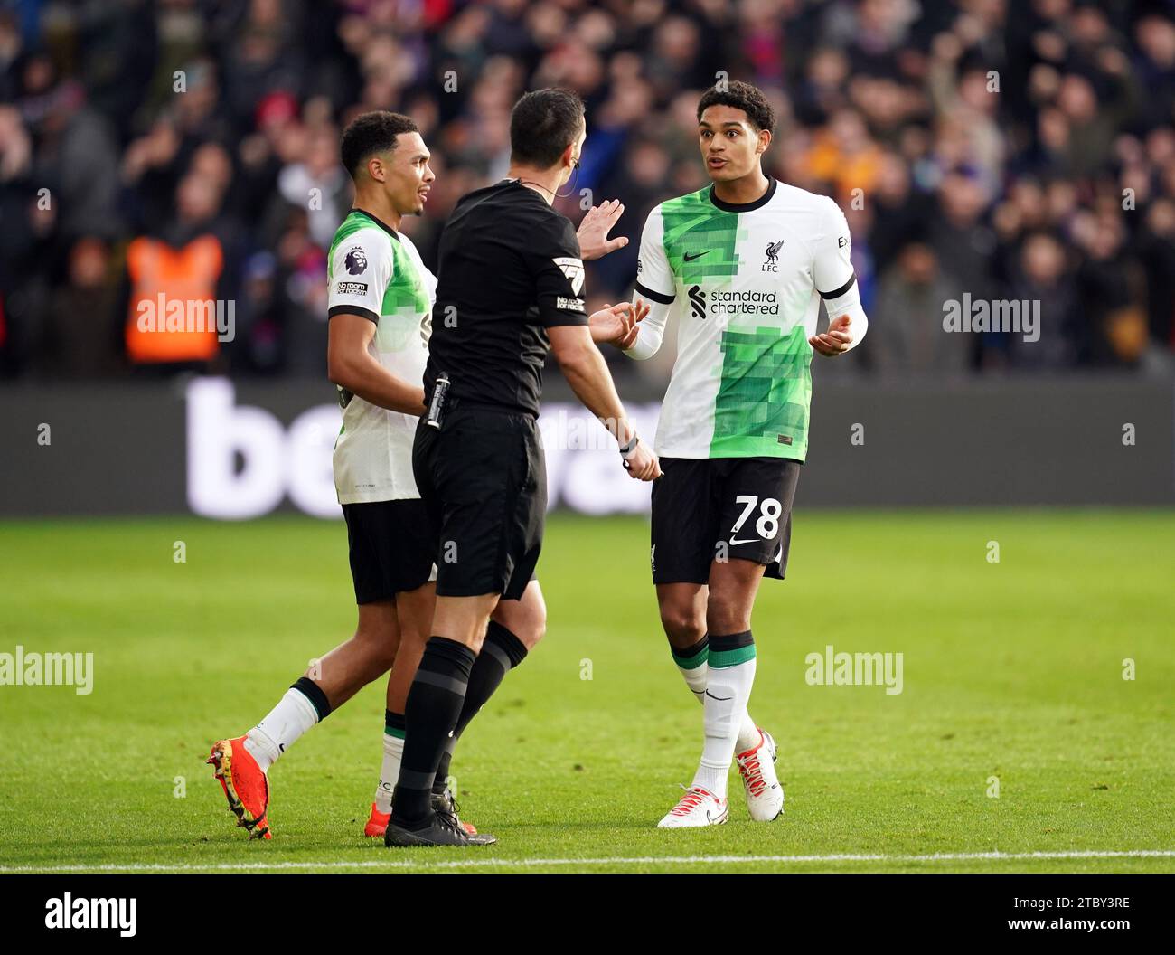 Liverpool's Jarell Quansah appeals to referee Andrew Madley , after he ...
