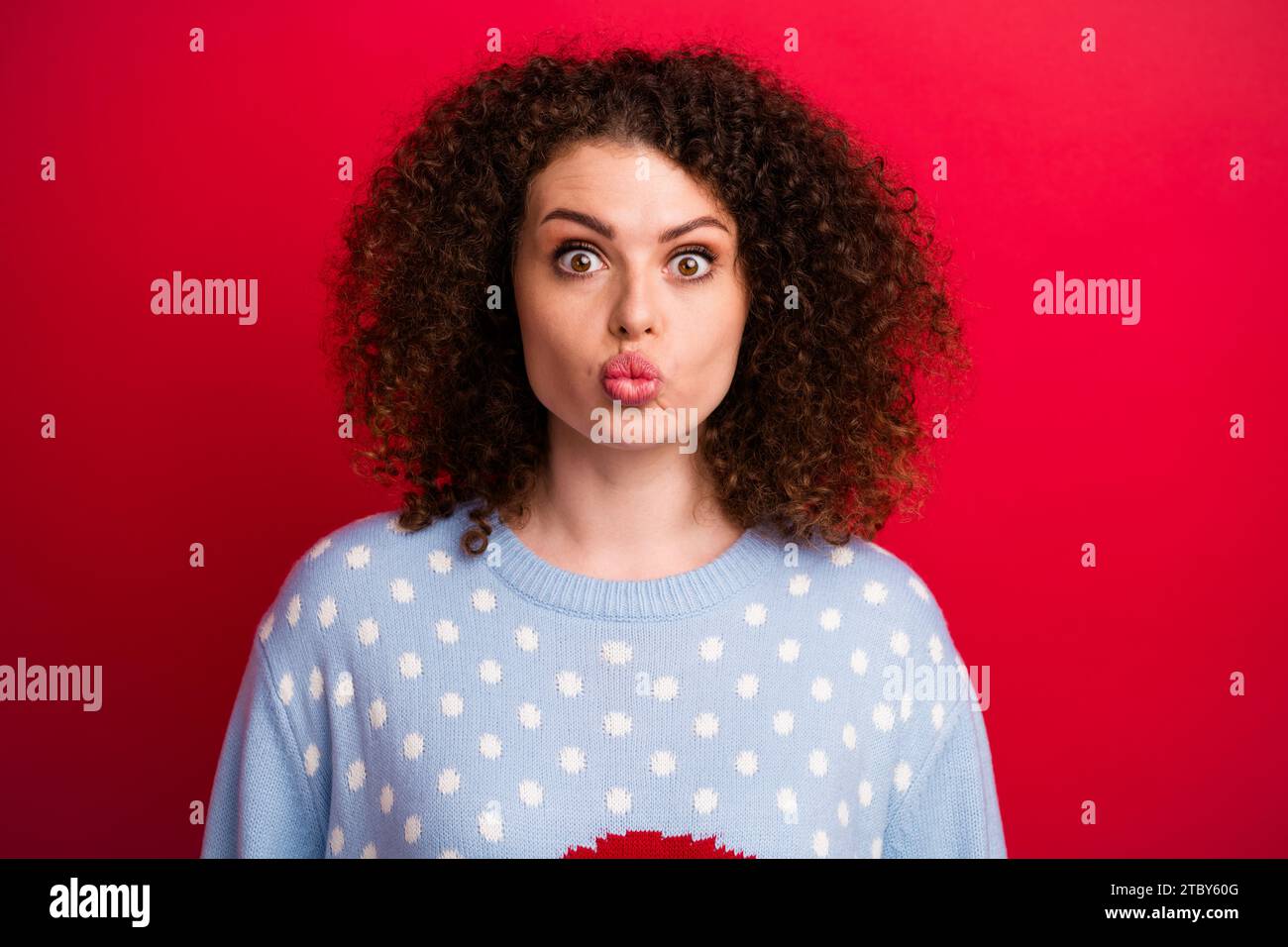 Portrait photo of funny face expression young xmas girl wavy hair plump ...