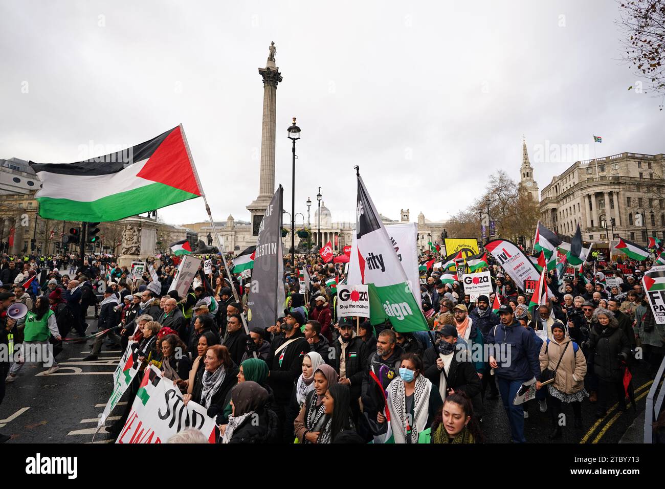 Protesters in Trafalgar Square during a pro-Palestine march, organised ...