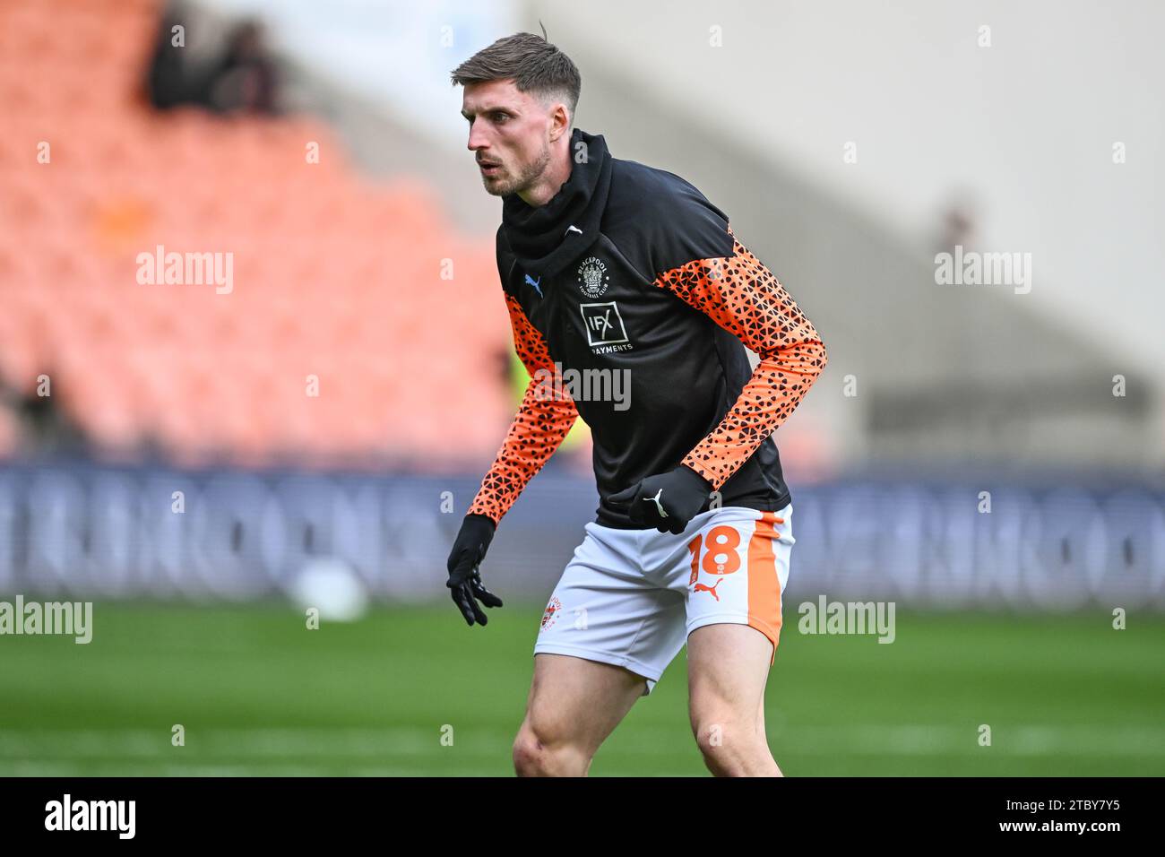Jake Beesley #18 of Blackpool during the pre-game warmup ahead of the ...
