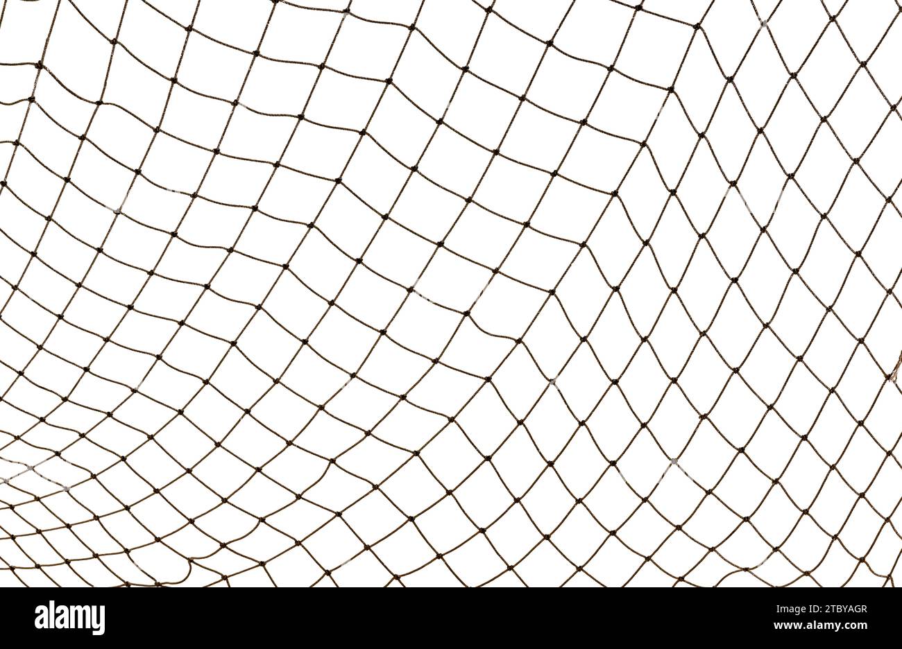 Icy mesh made of rope in the snow on a white background. Torn fishing ...