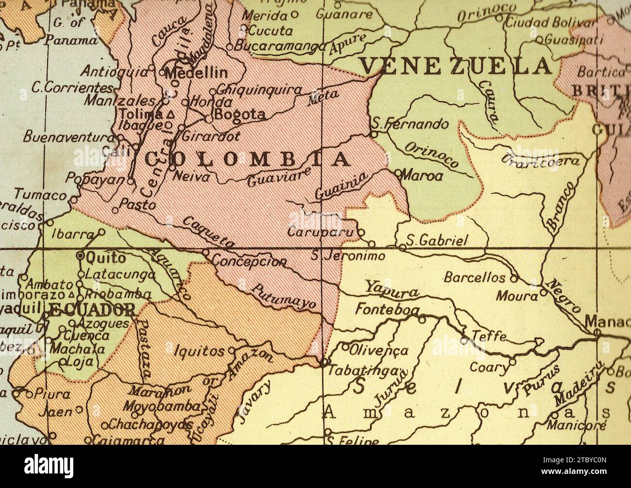 A vintage/antique political map in sepia showing Colombia and Venezuela ...