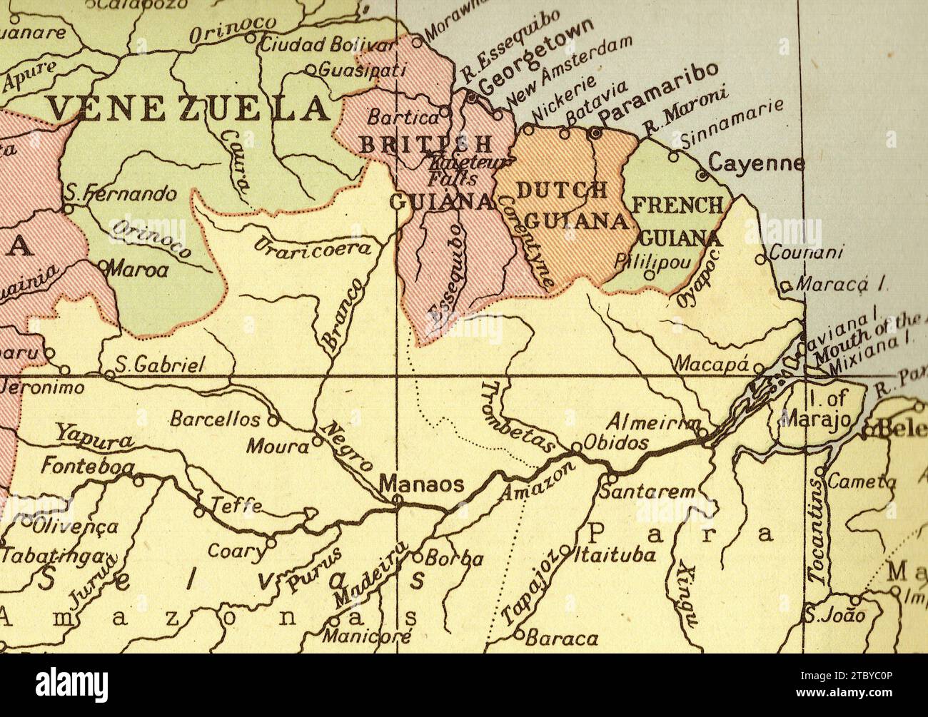 A vintage/antique political map in sepia showing Venezuela and British ...
