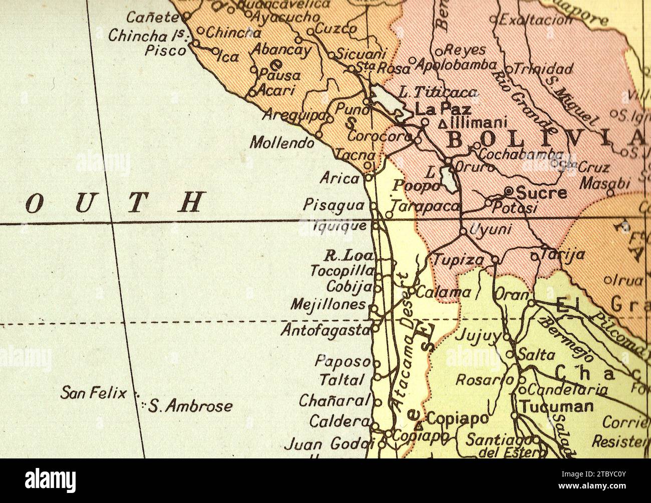 A vintage/antique political map in sepia showing Bolivia Stock Photo ...