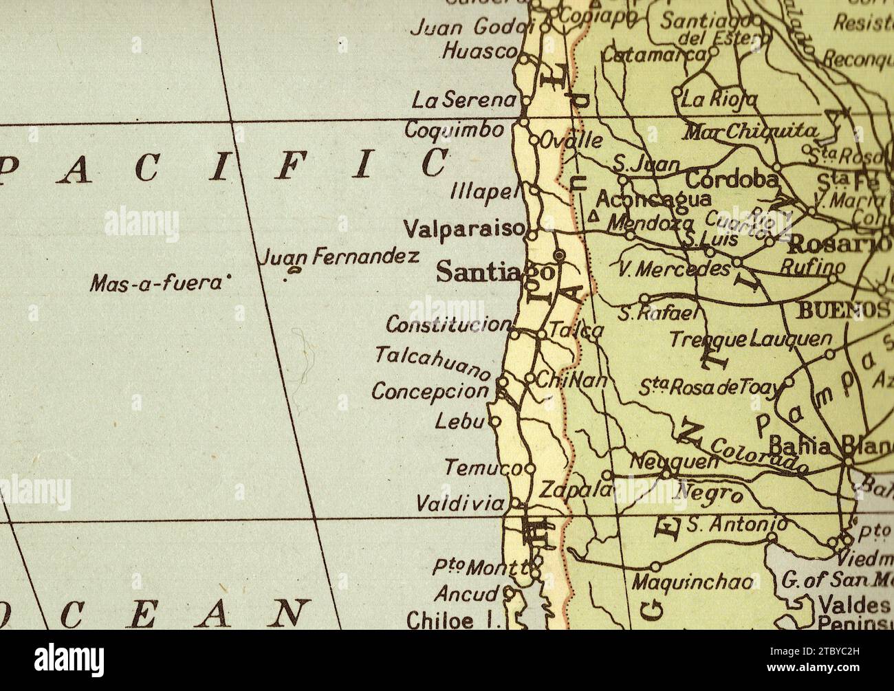 A vintage/antique political map in sepia showing Chile and Santiago ...