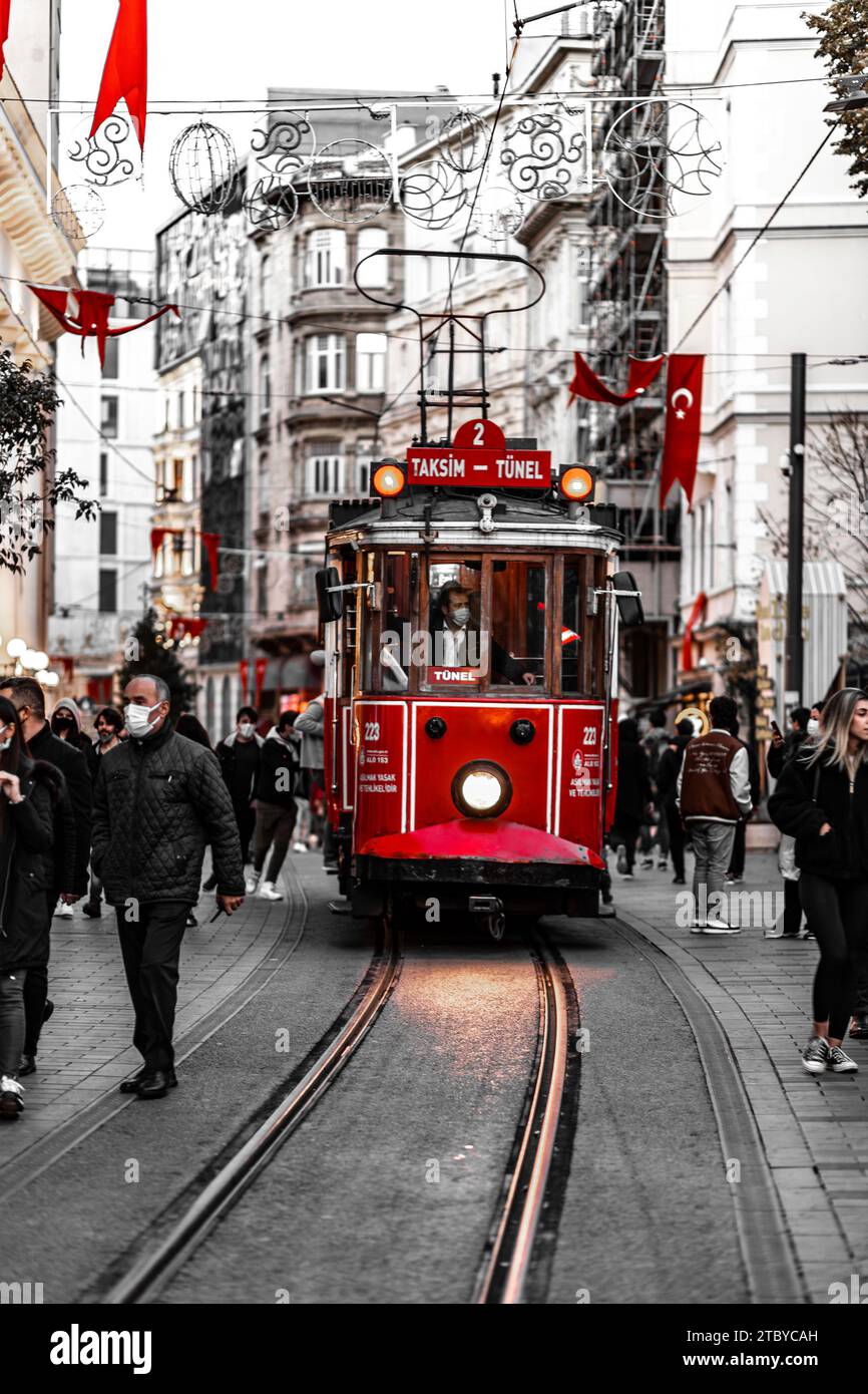 Istanbul, Turkey - NOV 22, 2021: The nostalgic tram and people walking ...