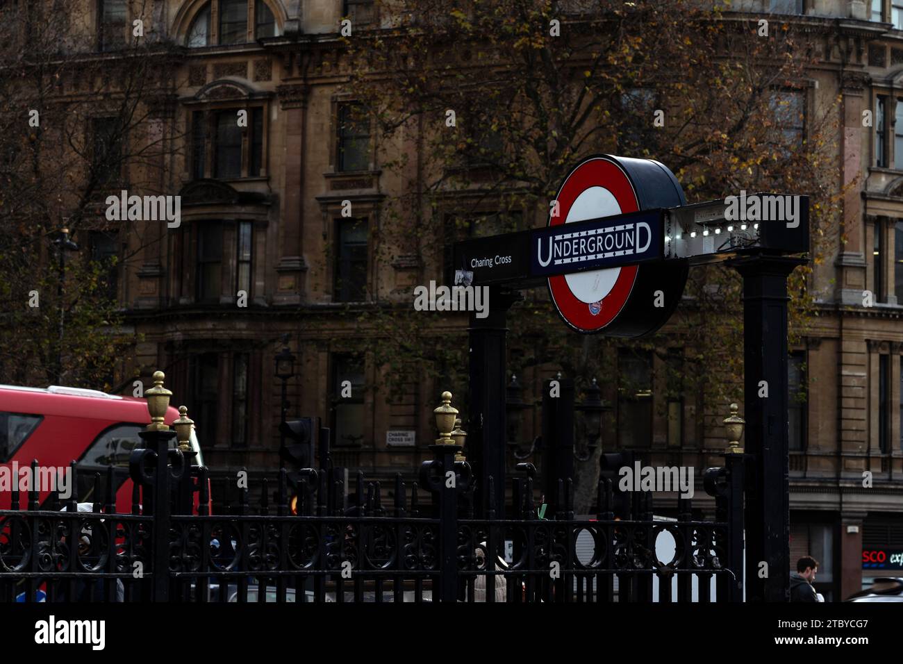 Traffic in London, TFL sign, underground sign and a double decker Stock ...