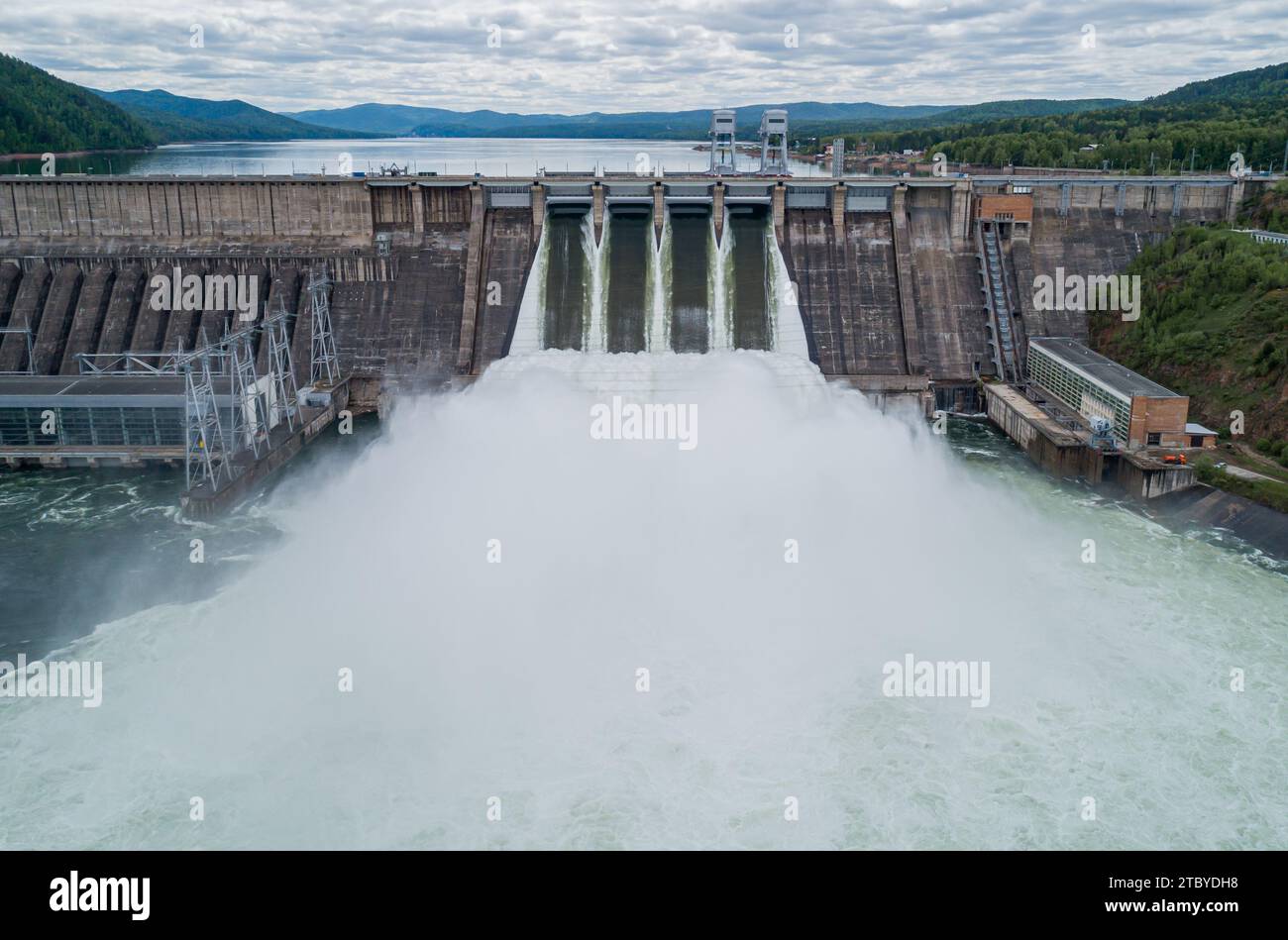 Aerial view of water discharge at hydroelectric power plant Stock Photo ...