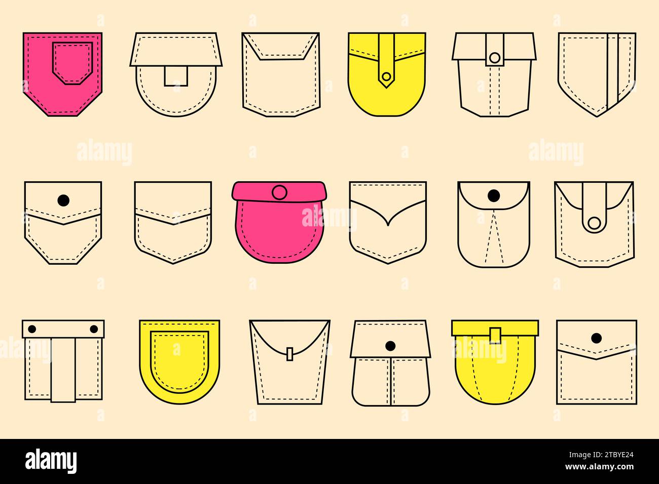 Pocket line icons. Garment pouch shapes. T-shirt or trousers wear ...