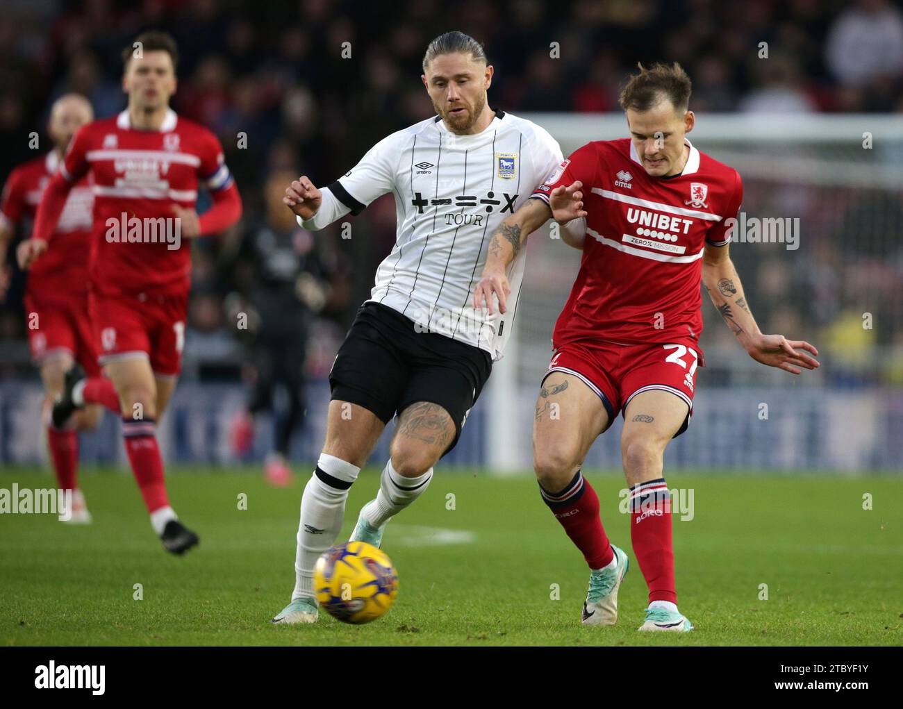 Ipswich Town's Wes Burns (left) and Middlesbrough's Lukas Engel battle ...