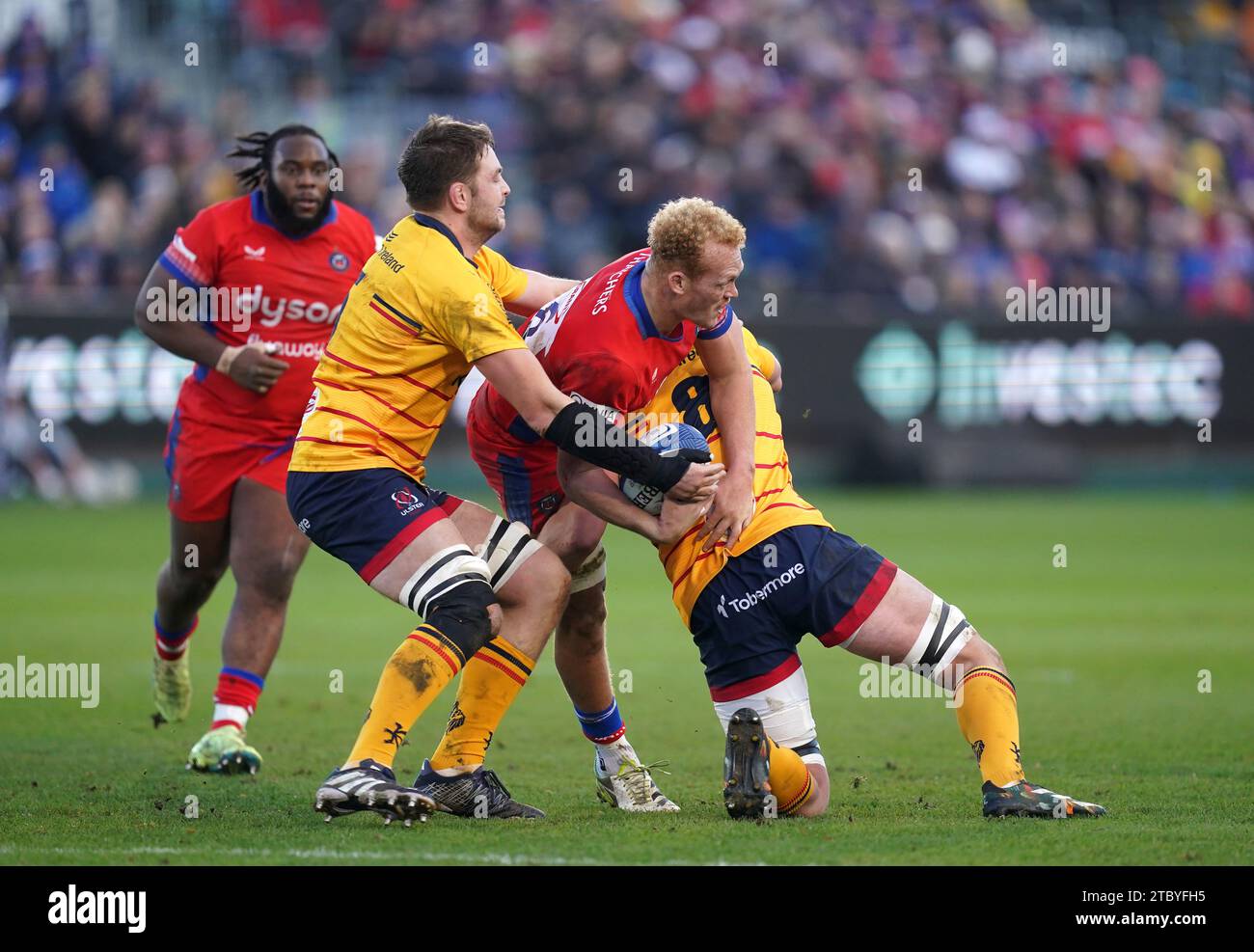 Bath Rugby's Miles Reid tackled by Ulster Rugby's James Mcnabney and ...