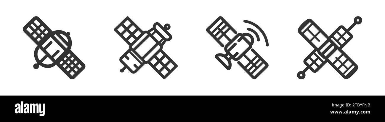 Artificial satelite in orbit around earth set, pack, collection. Flat ...