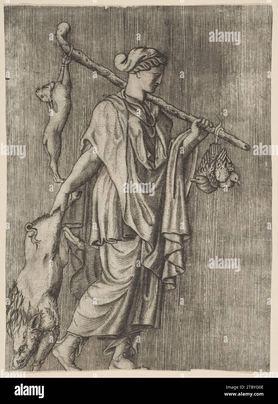 Woman returning from a hunt carrying a boar in her right hand and a ...