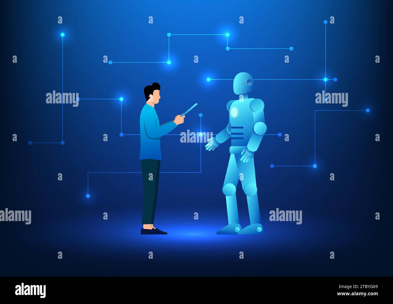 Artificial intelligence technology Engineer checking data on a robot that uses the AI system ...
