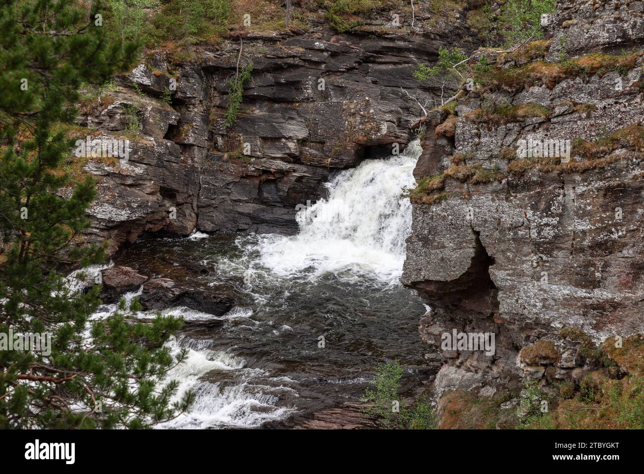 Scenic cascade view on the Orkla River, a renowned salmon-fishing ...
