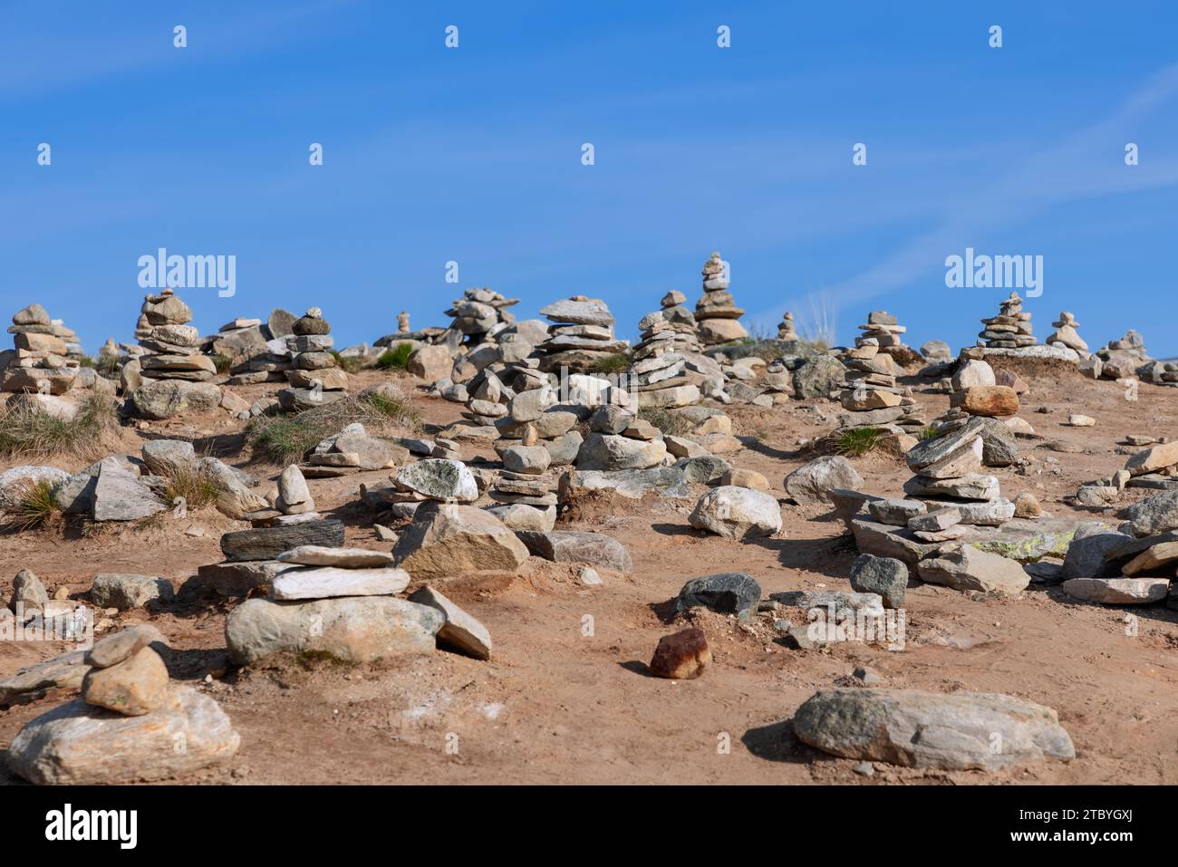 View of the stone pyramids made by visitors next to the Arctic Circle ...