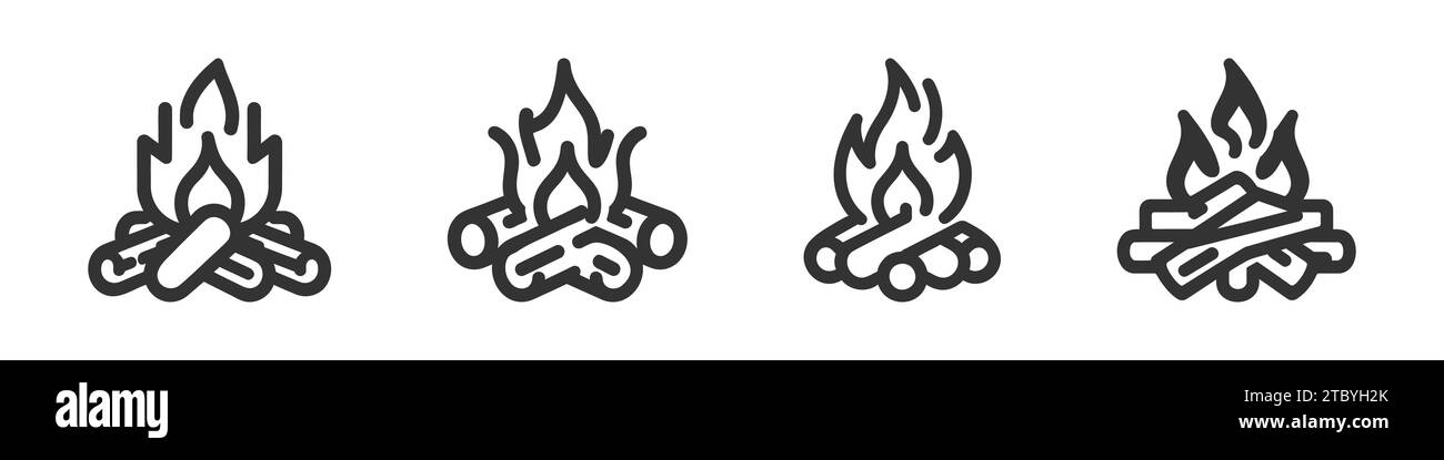 Camp fire icon set, pack, collection. Bonfire burning on firewood sign ...
