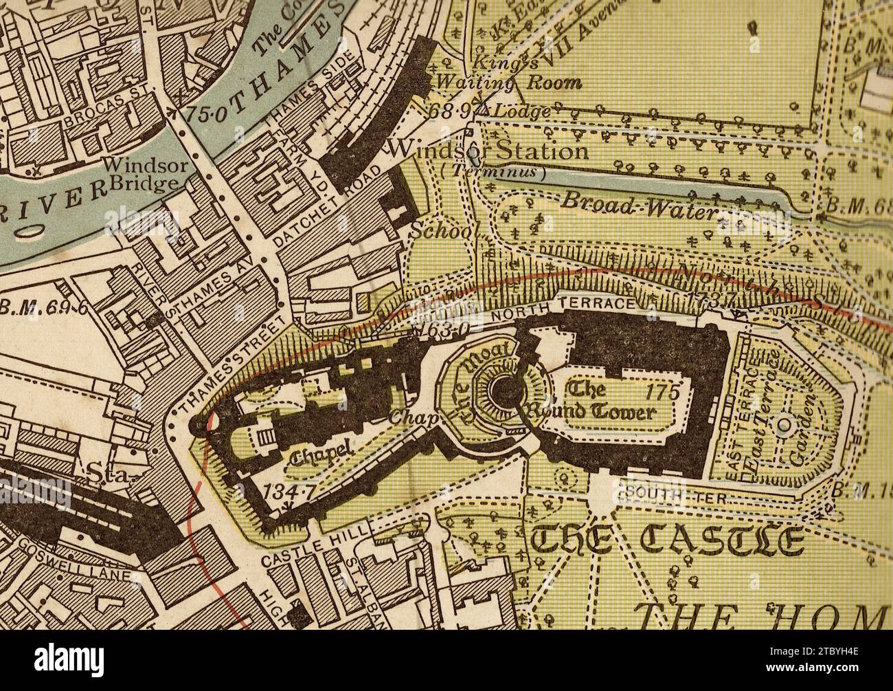 A vintage/antique street map in sepia showing Windsor Castle, in the ...