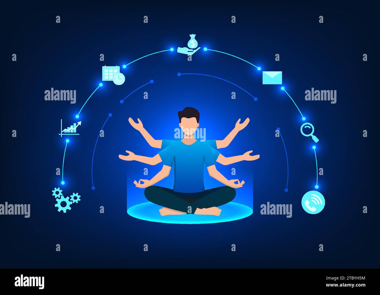Business man meditating with multiple arms with icons representing ...