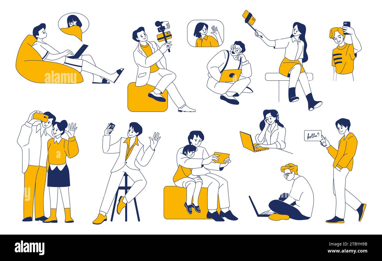 Doodle people. Sketch line characters. Social media online ...