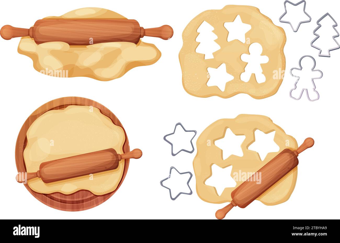 Set Wooden rolling pin with dough and flour handle culinary equipment ...