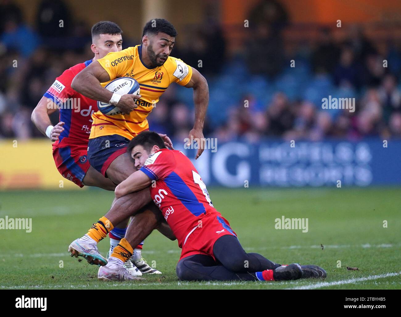 Ulster Rugby's Robert Baloucoune tackled by Bath Rugby's Will Muir ...