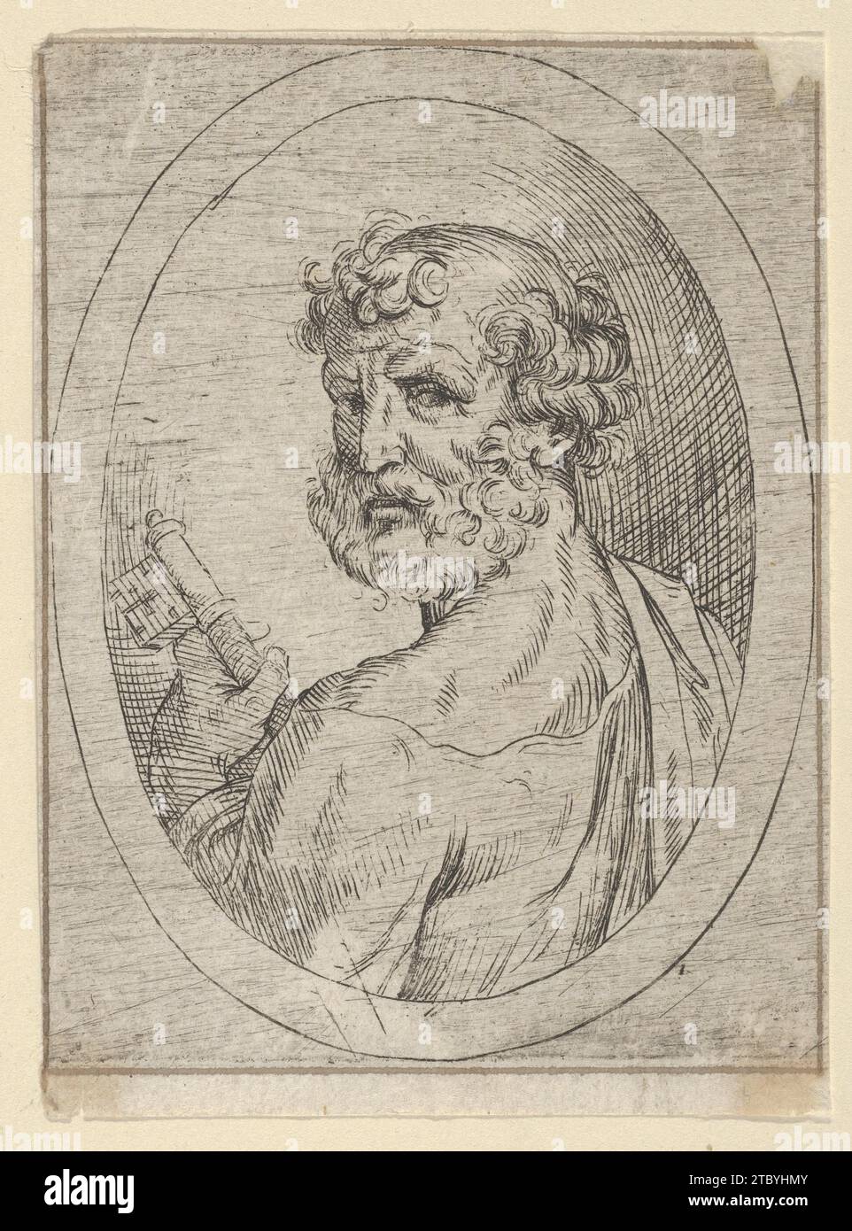 Saint Peter seen from behind, turning to face outwards and holding a ...
