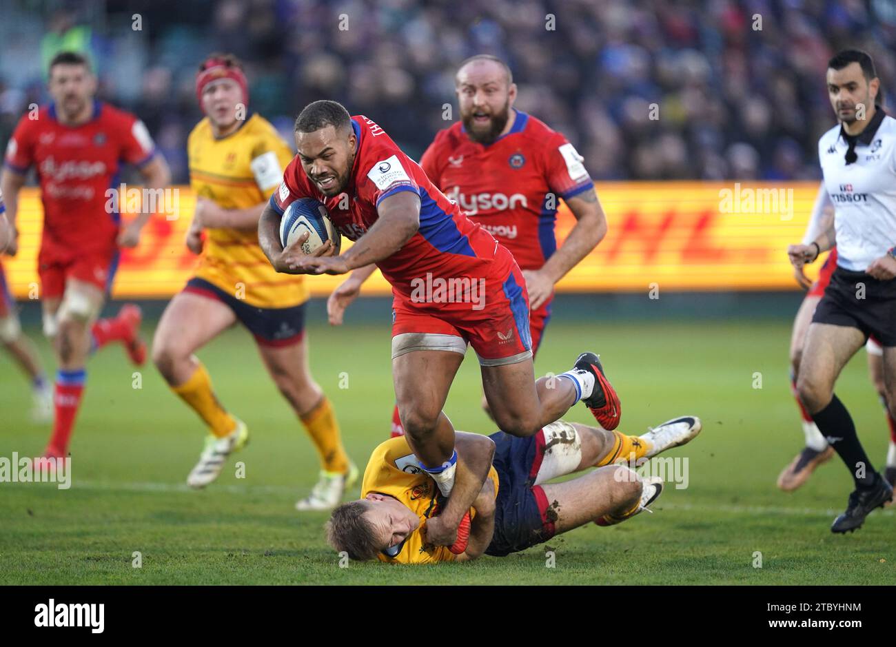 Bath Rugby's Ollie Lawrence tackled by Ulster Rugby's Stewart Moore ...