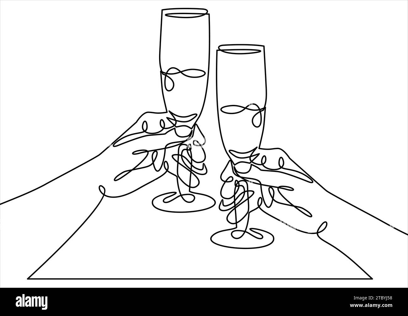Continuous one line drawing. Hands cheering with glasses of champagne ...