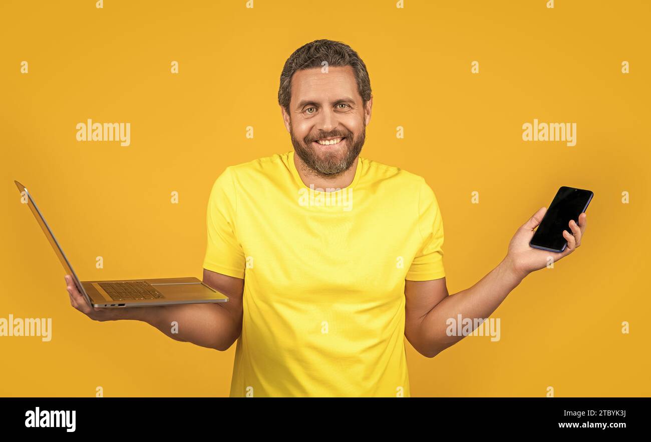 happy man work online on background. man work online in studio. photo ...