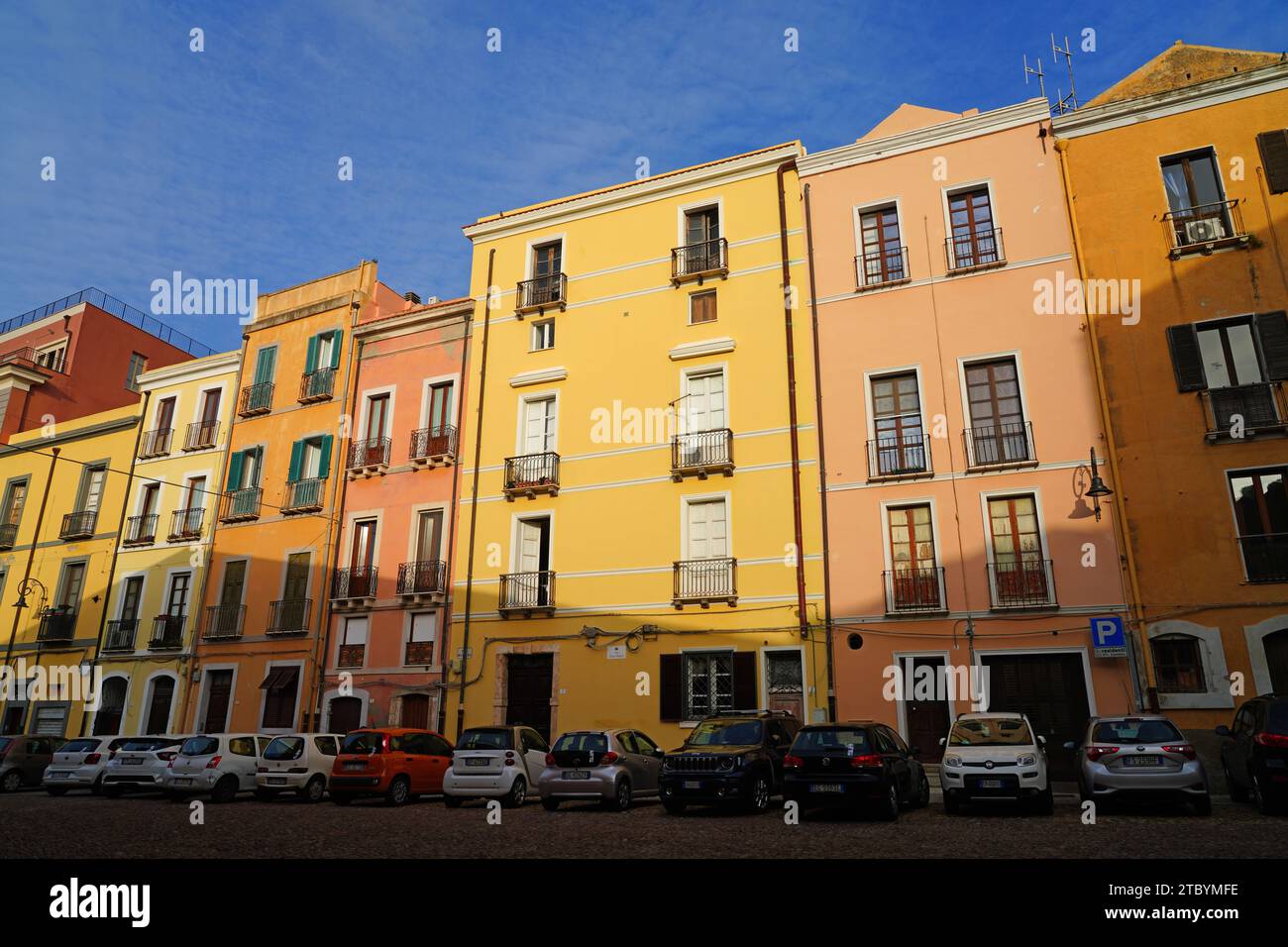 CAGLIARI, ITALY –17 OCT 2023- View of colorful buildings in the street ...
