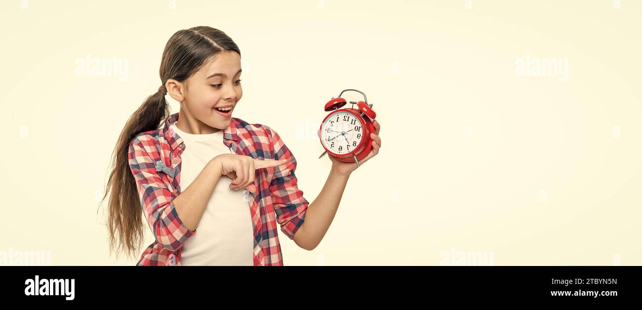 teen girl with alarm time on background, advertisement. photo of teen ...