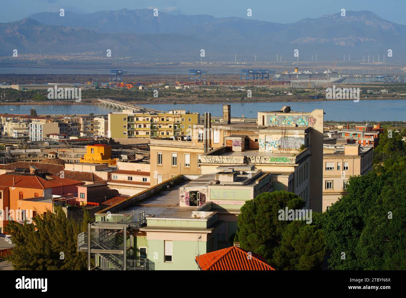 CAGLIARI, ITALY –19 OCT 2023- Sunny panoramic view of the historic city ...