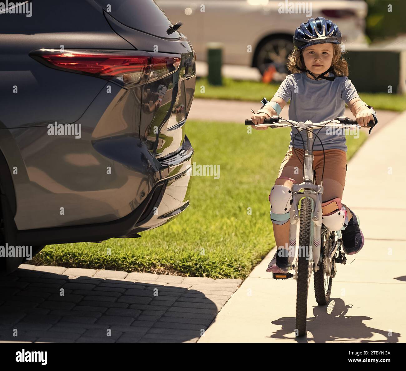 child ride bicycle at dangerous car. dangerous road rules for child ...