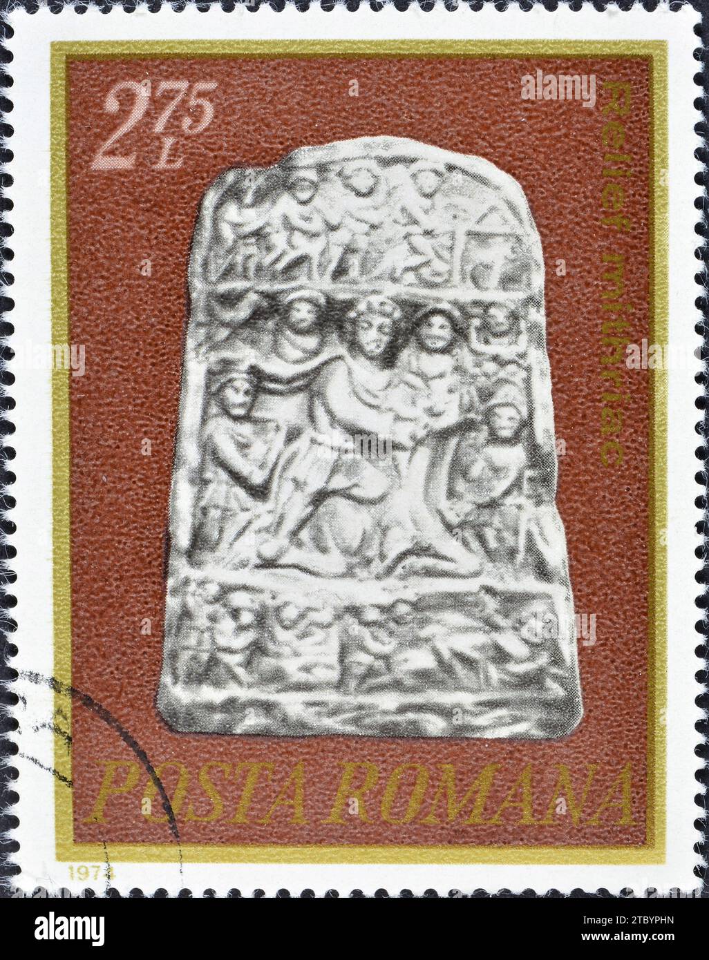 Cancelled postage stamp printed by Romania, that shows Mithraic bas-relief, Resca, Ancient ...